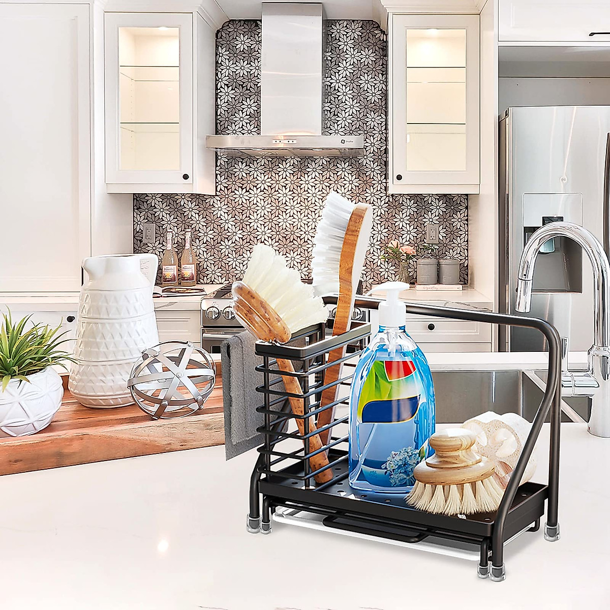 KMOTASUO Kitchen Sink Caddy Organizer, Sink Tidy Caddy Organizer Sponge Brush Soap Holder with Drain Pan, Kitchen Utensil Holders Cleaning Caddy for Countertop Stainless Steel Rustproof