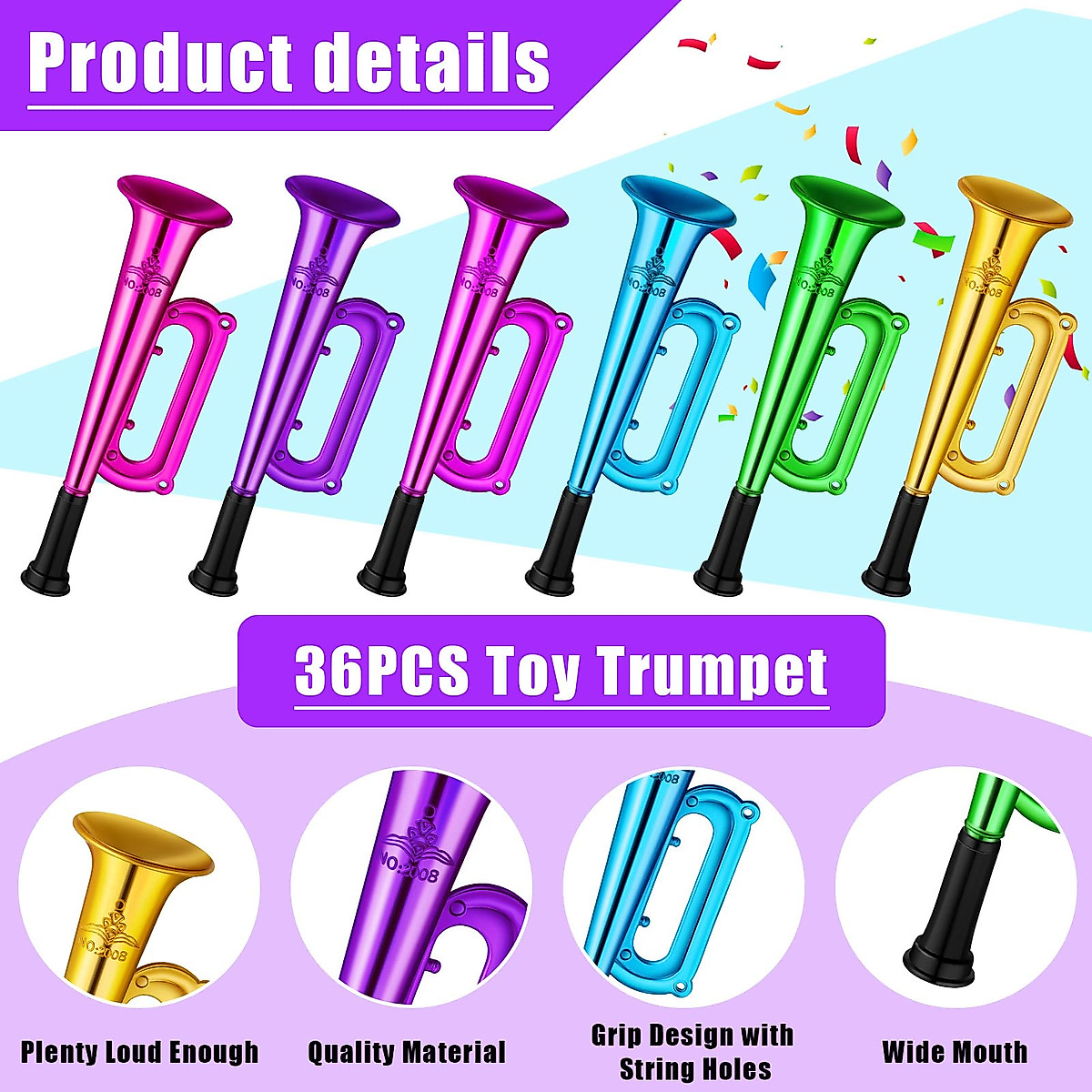 36 Pcs Plastic Trumpet Kids Noise Toys Play Metallic Trumpet Mini Shiny Blow Horn Trumpet Noise Makers Toy Plastic Colors Musical Instruments for New Year Birthday Graduation Party Favors, 6 Inch