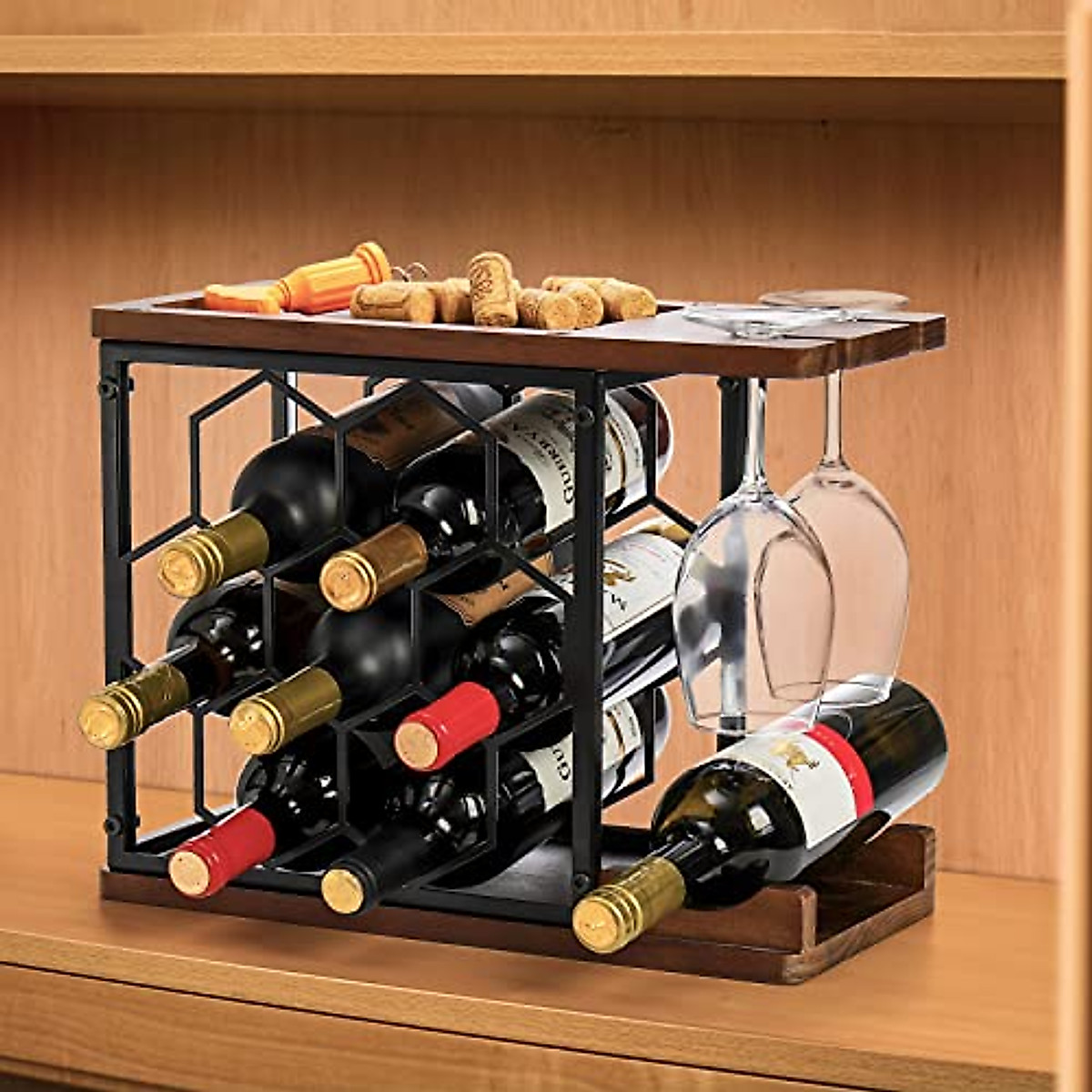 Elsjoy Countertop Wine Rack with Glass Holder, Wood Metal Wine Bottle Rack Free Standing Tabletop Wine Bottle Holder, Wooden Wine Storage Rack for Home, Kitchen, Bar (Hold 7 Bottles and 2 Glasses)