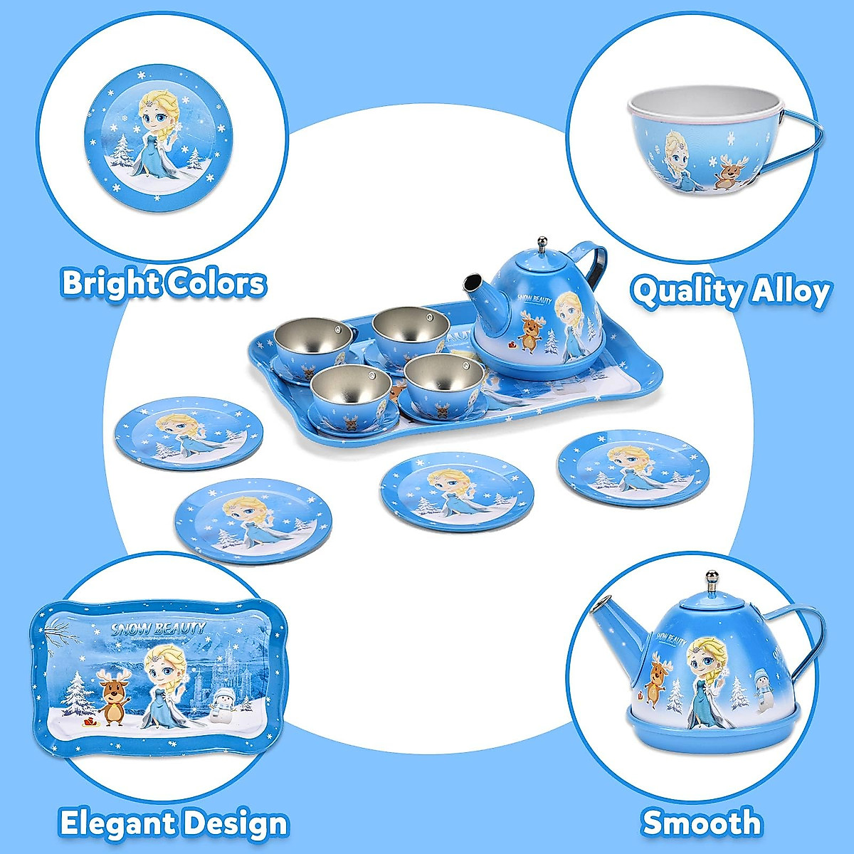 Lajeje 52Pcs Tea Party Set for Little Girls-Frozen Toys for Girls, Elsa Princess Tea Party Set for Little Girls, Kitchen Pretend Toy with Tin Tea Set, Desserts, Birthday Gift for Age 3-6 Year Olds