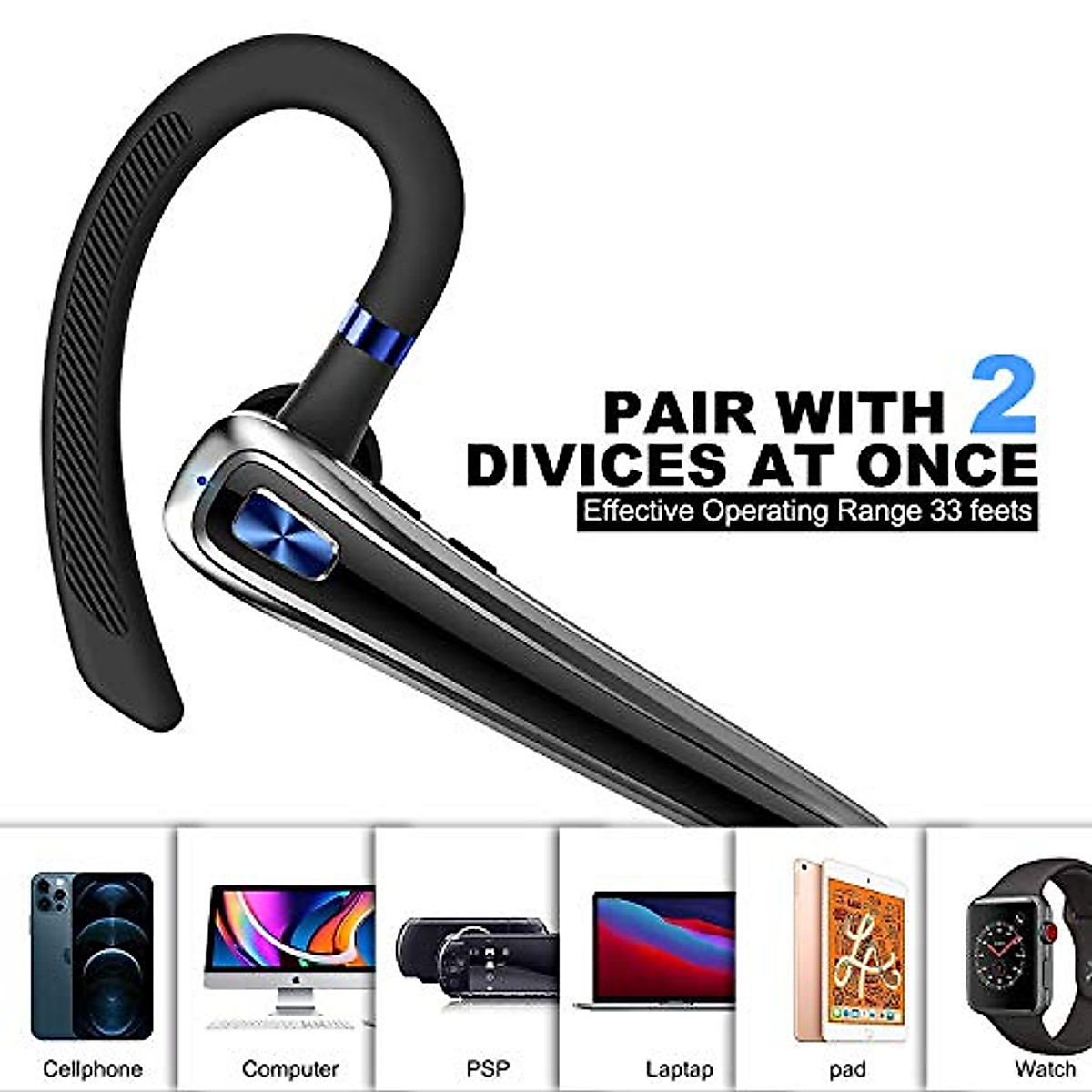 MQQC Bluetooth Headset V5.0 Wireless Bluetooth Earpiece,Hands-Free Earphones with Noise Cancellation Mic for/Business/Office/Driving, Compatible with iPhone and Android（Blue）