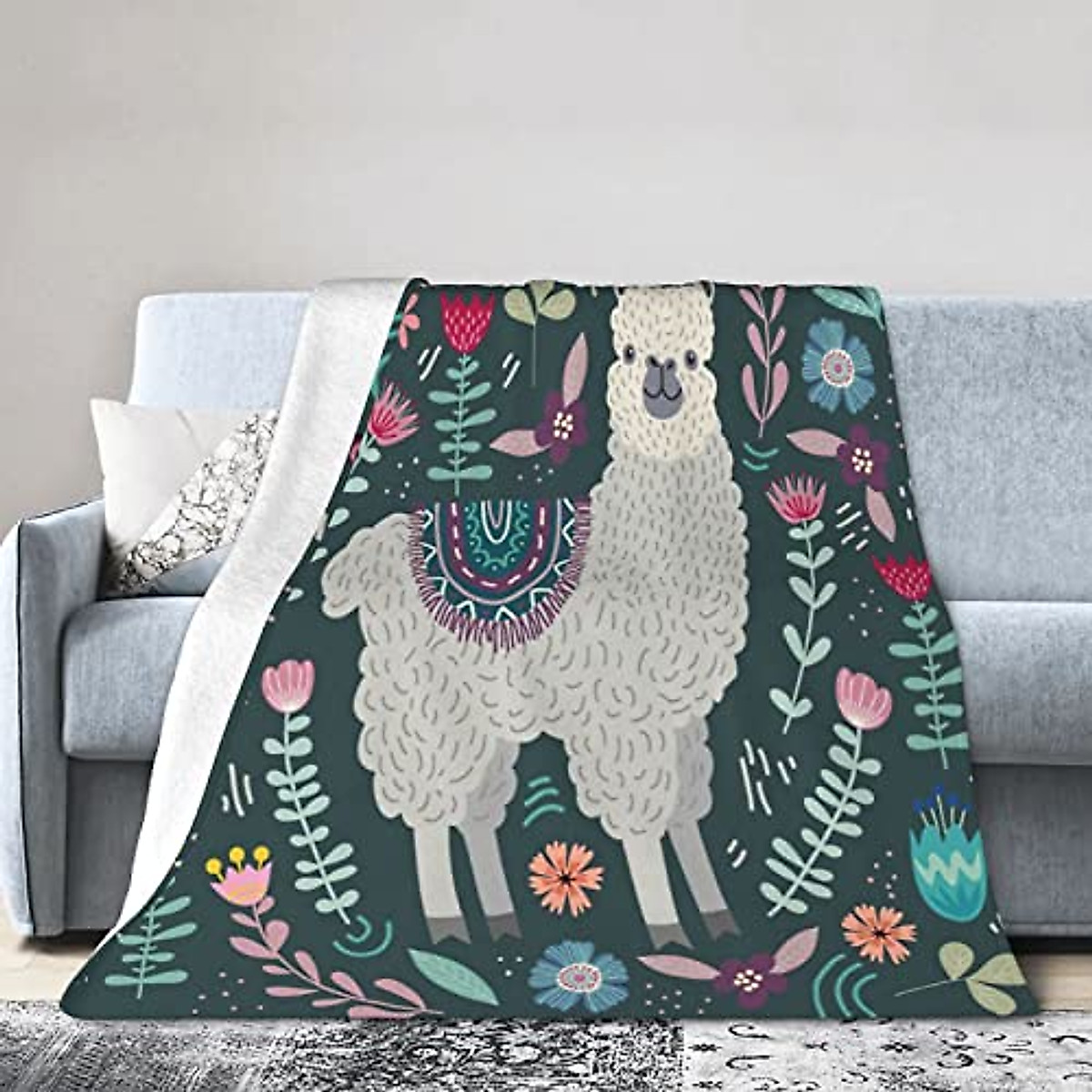 Alpaca Botanical Throw Blanket Cozy Plush Boho Bohemia Llama Flannel Fleece Ultra Soft Blankets Lightweight Fuzzy Party Blanket Gifts for Adult Bed Couch Sofa Kids 50"x40"