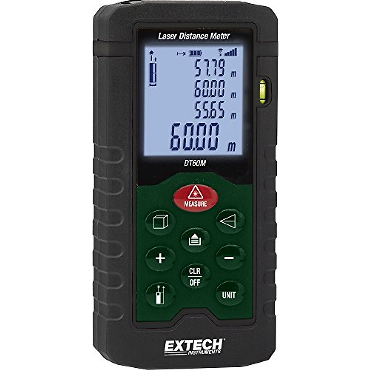 Extech DT60M Laser Distance Meter, Measurements up to 196 feet, Backlit LCD Display, Integrated Pythagorean Theorem, 20 Point Memory, Stakeout Function, Handy Built-in Bubble Level