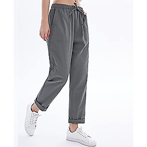 Women's Drawstring Linen Cropped Pants Women Summer Elastic Waist Soft Cotton Pant (Grey-901, XX-Large)