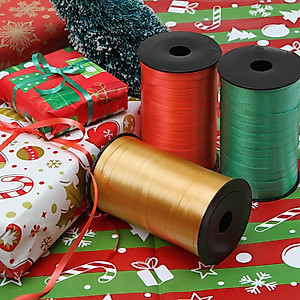 Elcoho 3 Roll Christmas Curling Crimped Ribbon Balloon Band Tie Red Green and Gold for Christmas Parties,Gift Wrapping, Festival, Florist,Crafts, 5 mm, 600 Yard (Red, Green and Gold)