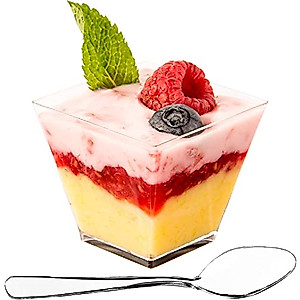 DLux 50 x 2oz Square Mini Dessert Cups with Spoons, Clear Plastic Parfait Appetizer Cup - Small Reusable Serving Bowl for Tasting Party Desserts Appetizers - With Recipe Ebook