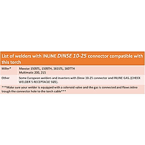 9F Series - 125 Amp - Air Cooled - Flexible Head TIG Torch - 12.5 feet 1-Piece Cable - INLINE Gas Dinse 10-25 Connector - (Welders with Gas Solenoid)