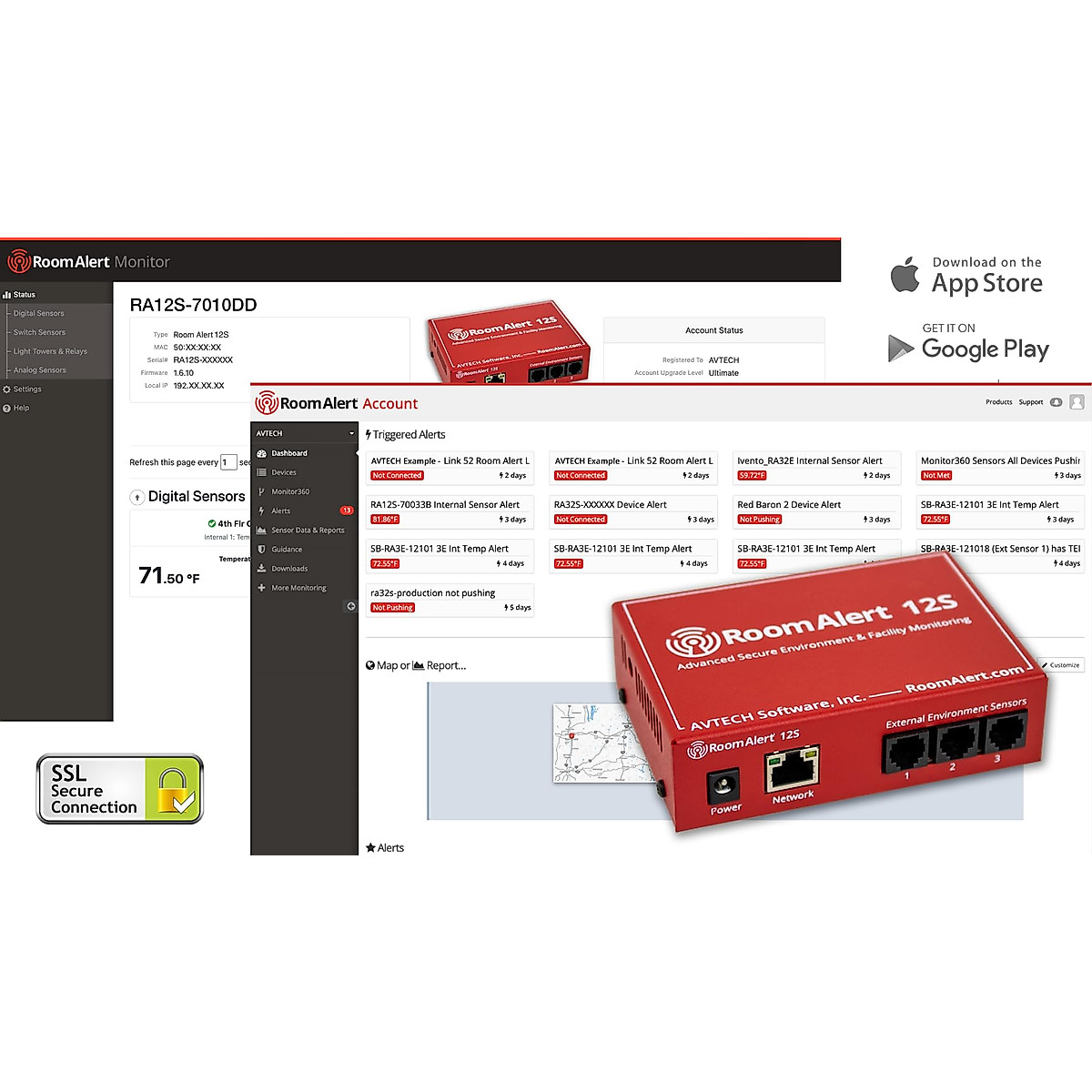 Room Alert 12S Advanced Proactive Environment Monitor – Built-in Temperature Sensor, Supports SSL/TLS, 2048-bit Encryption, SNMP v3, 12 Sensors, 24/7 Alerting & Reporting, Made in USA