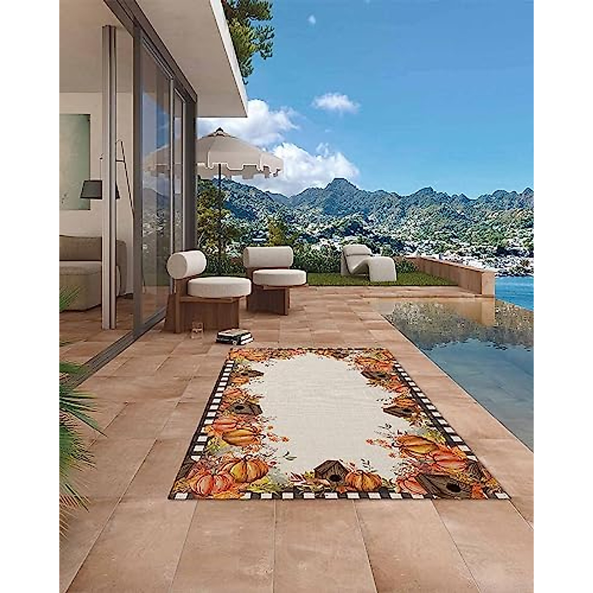 Thanksgiving Fall Outdoor Rug for Patio/Deck/Porch, Non-Slip Area Rug 5x8 Ft, Orange Pumpkin Maple Leaf Black White Plaid Indoor Outdoor Rugs Washable Area Rugs, Reversible Camping Rug Carpet Runner