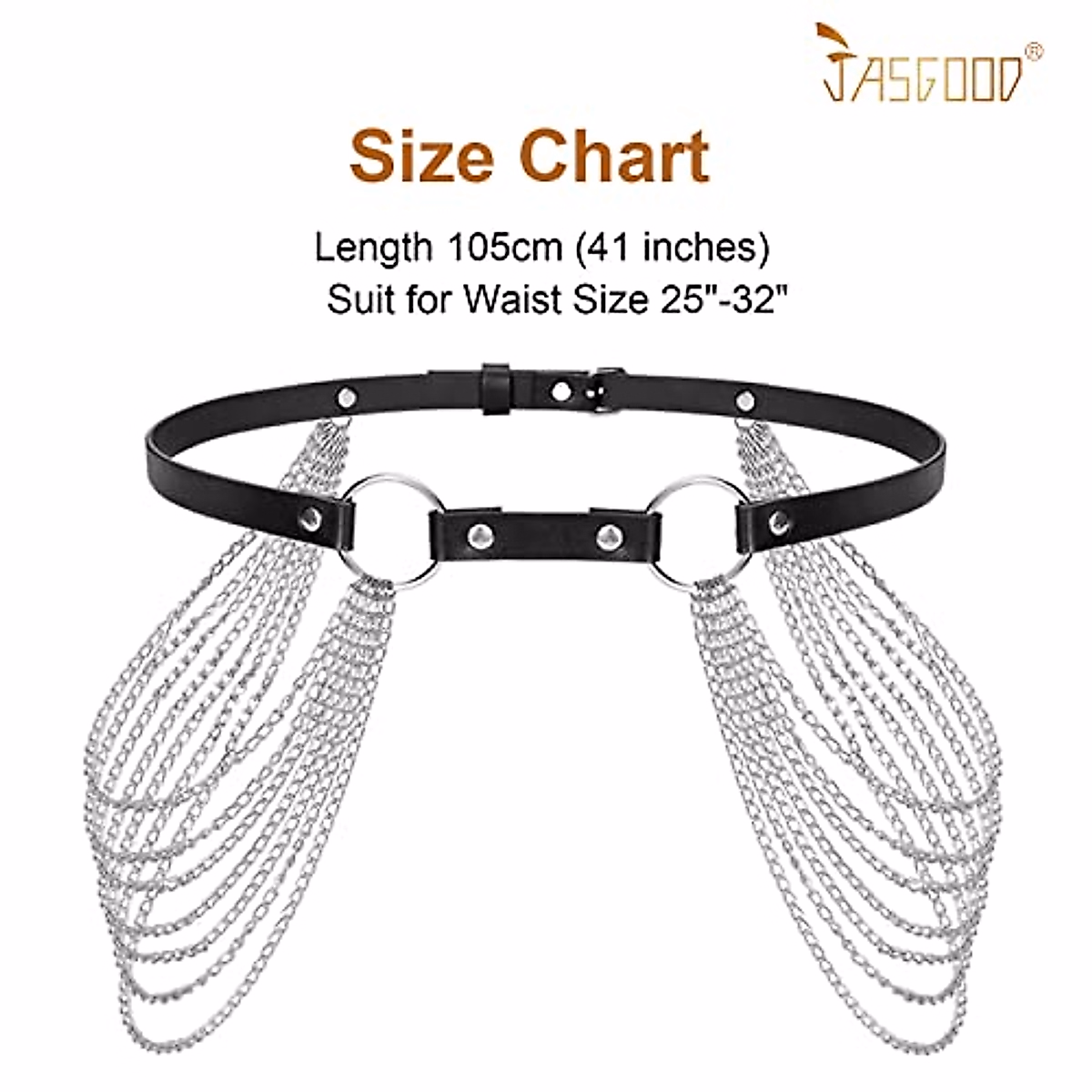 JASGOOD Punk Waist Chain Belt Black Leather Layered Belly Body Waist Chains Nightclub Rave Body Chain Belt for Women Girls (Black, Suit for Waist Size: 25"-32")