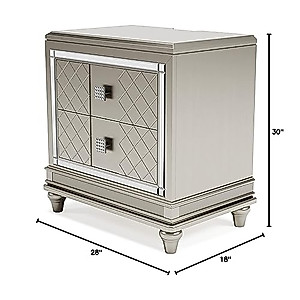 Signature Design by Ashley Chevanna Glam Embossed Diamond-Patterned 2 Drawer Night Stand with USB Charging Ports, Chrome