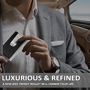 MOSIYEEF Minimalist Wallet for Men, RFID Blocking Card Wallet with Money Clip, Leather Wrapped, Slim Front Pocket Automatic Pop Up Wallet, Silver