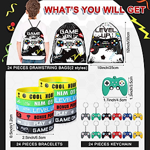 Nosiny 72PCS Video Game Party Favors Birthday Include 24 Video Game Goodie Drawstring Bags 24 Silicone Bracelet 24 Controller Keychain for Kids for Party Supplies (Black, White, Cute)