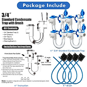 Gulfmew 3/4 Inch Standard Condensate Trap with Cleaning Brush, PVC U Trap for HVAC Systems, Air Conditioner, Effectively Drains Condensate(4 Pack)