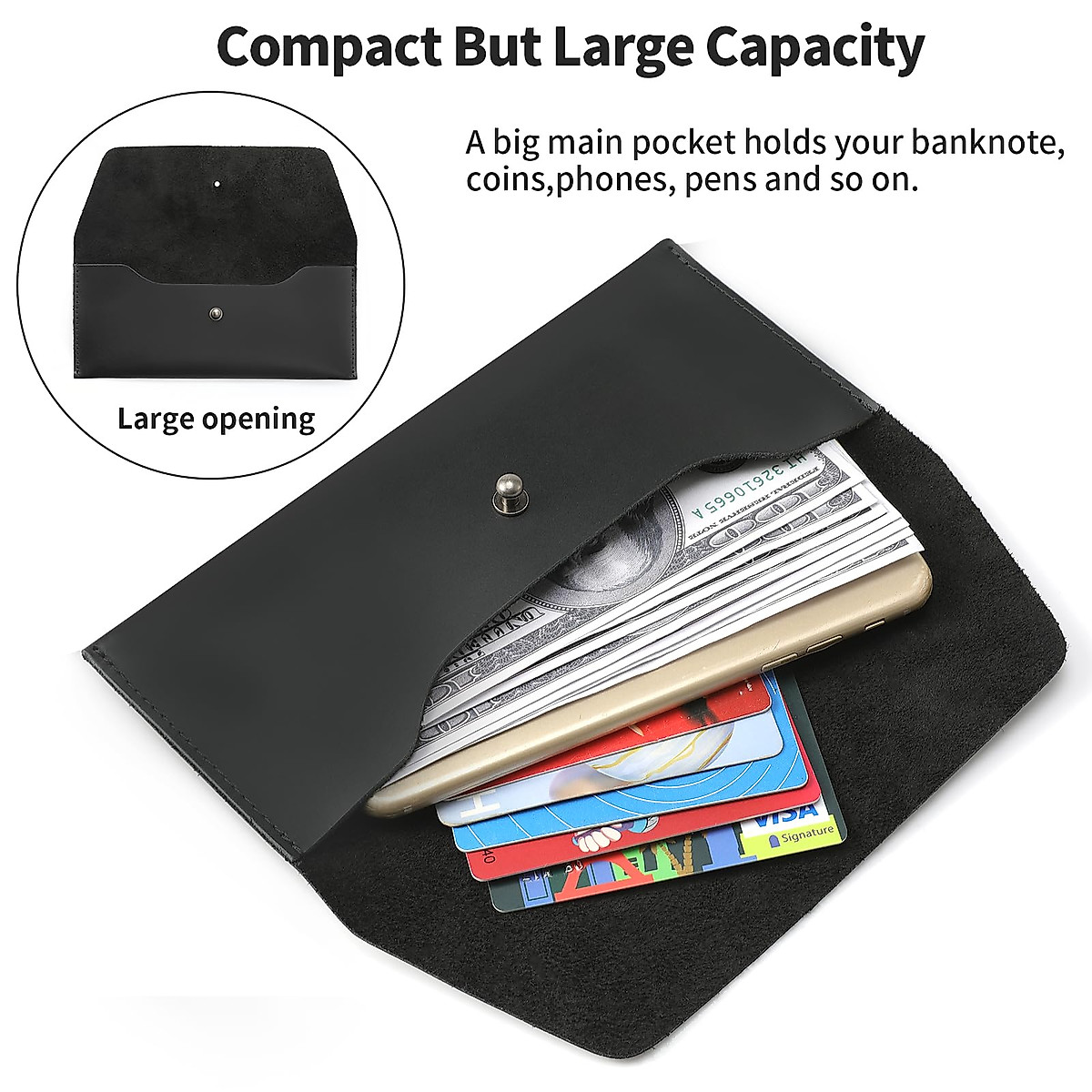 Ringsun Genuine Leather Cash Envelopes for Men, Reusable Budget Envelope Wallet, Retro Clutch Wallet for Men, Cash Wallet for Men,Minimalist Wallet for Men Women, Black