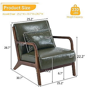 Flulep 80 * 65 * 73cm Single Seat B Style Backrest Without Buckle with Pillow PU Walnut Oak Armrests Indoor Leisure Chair Dark Green
