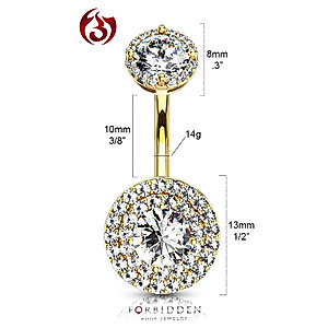 Forbidden Body Jewelry Internally Threaded Surgical Steel Large Double Tier Pave CZ Belly Ring w/Matching Top (Clr/Gold Tone)