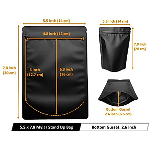 100 Pack Matte Black Mylar Stand Up Bags - 5.5x7.8 Inches Smell Proof Resealable Bags, Sealable Foil Packaging Bags