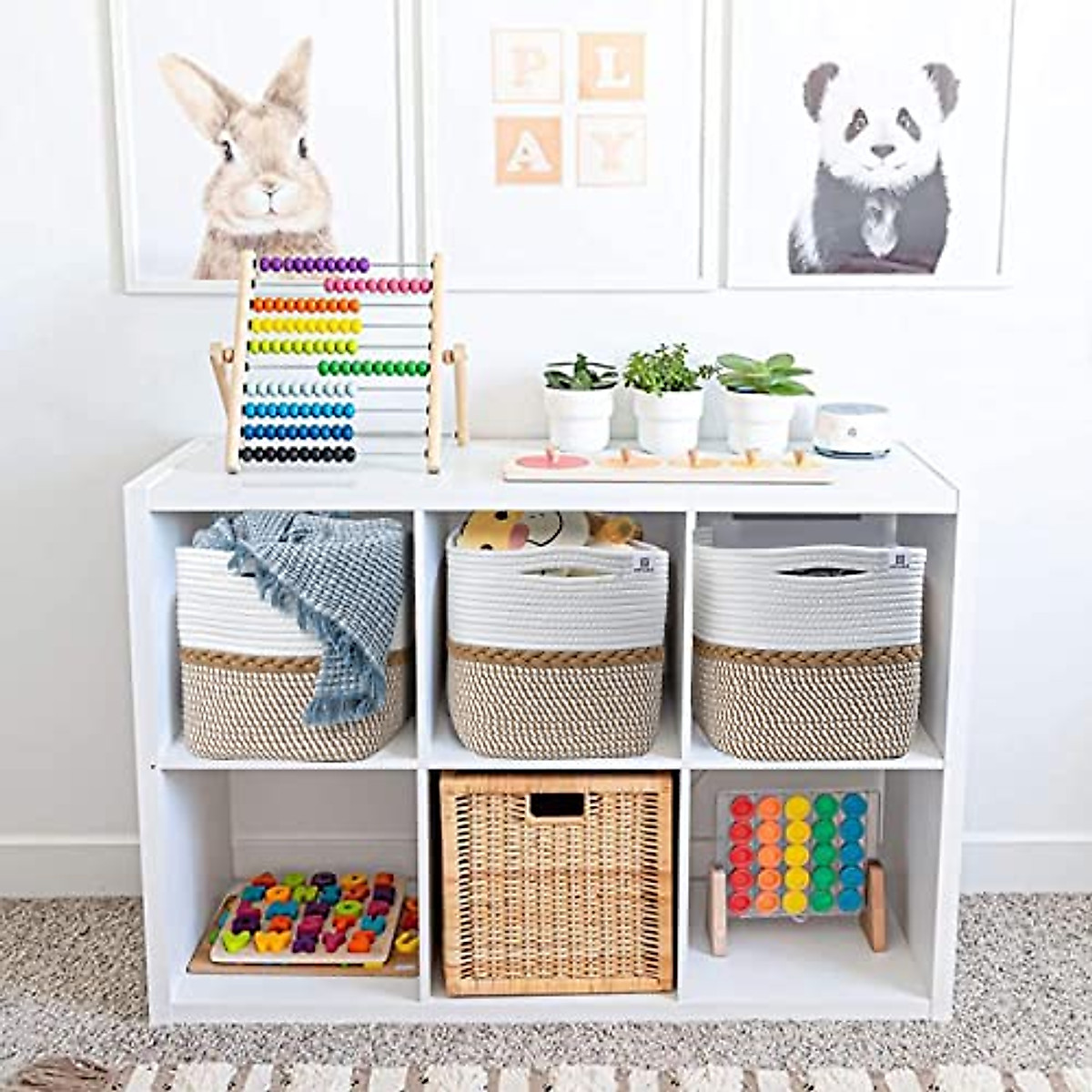 RITHLELA Woven Baskets 15"x10"x9" Cotton Rope Cube Storage Baskets Set of 3 Decorative Baskets Closet Cloth Storage Baskets and Bins for Shelves with Handles for Blanket, Laundry, Clothes - Light Tan