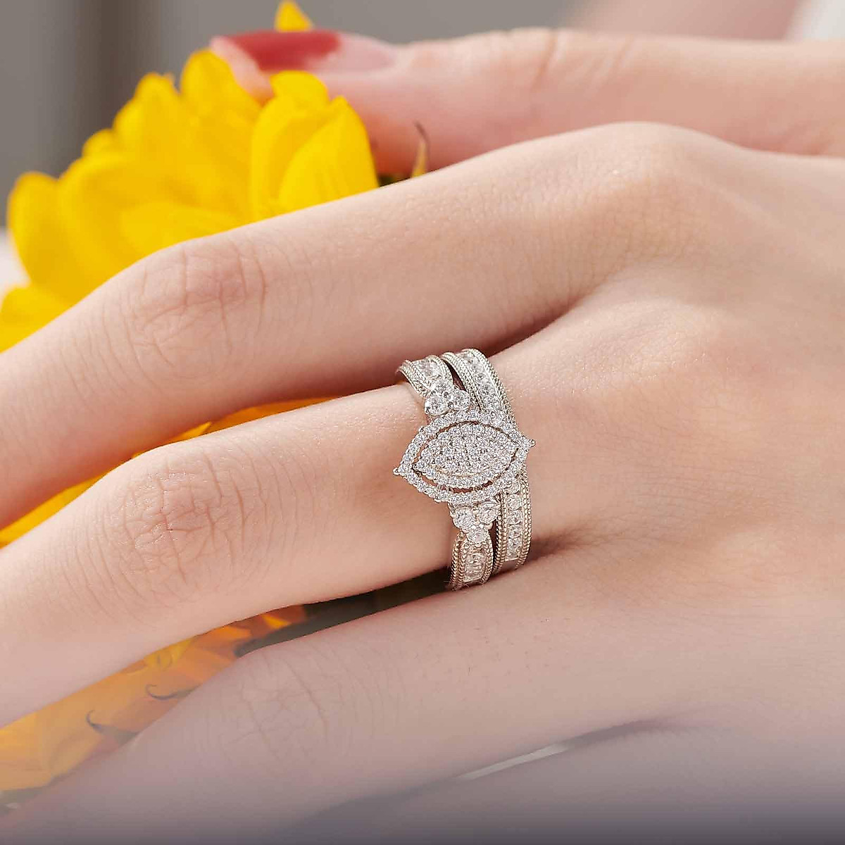 SHELOVES Marquise Shape Vintage Engagement Wedding Rings Set White Round CZ 925 Sterling Silver Sz 8