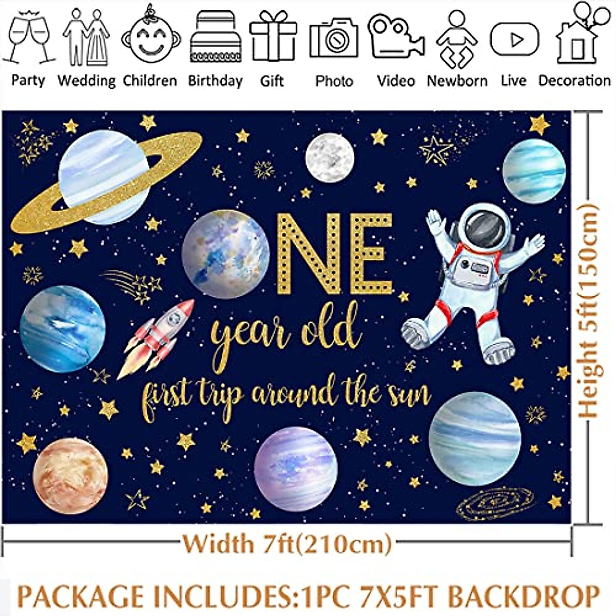Avezano Boy First Trip Around The Sun Birthday Backdrop Outer Space One Year Old Birthday Background Decorations Solar System First Birthday Party Banner Supplies(7x5ft)