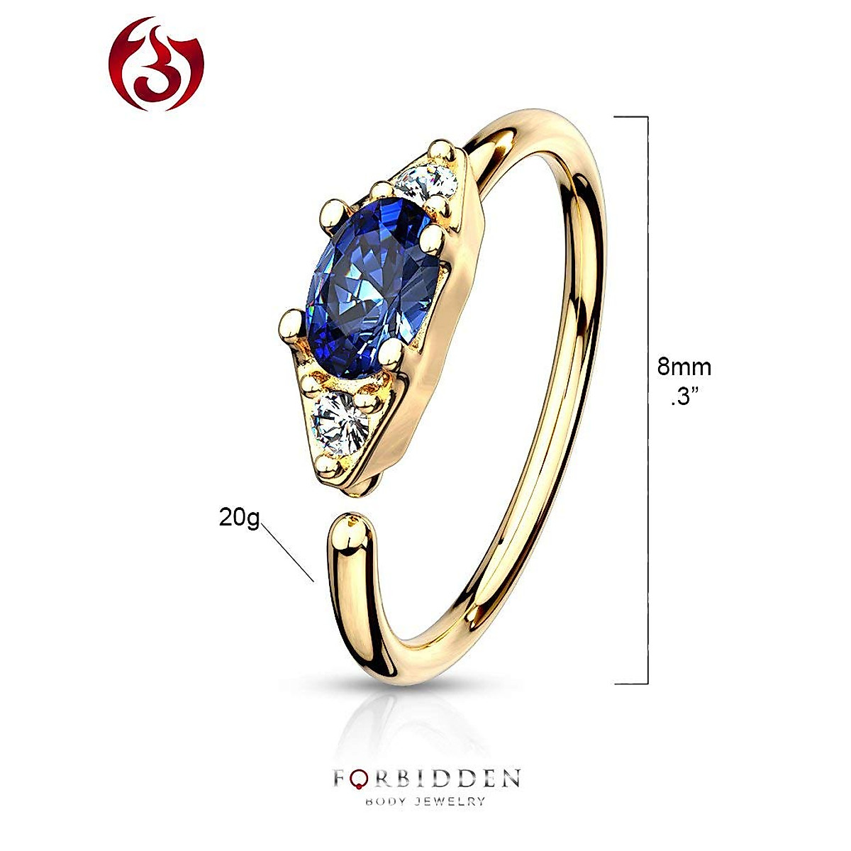 Forbidden Body Jewelry 20g 8mm Double CZ w/Oval Blue CZ Centered on Bendable 14k Gold Plated Surgical Steel Nose/Rook/Helix Hoop