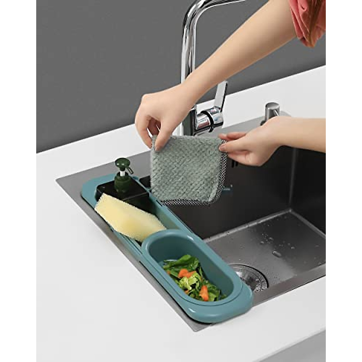 SHANGYI Kitchen Sink Organizer Storage Rack with Expandable Telescopic Holder and Sponge Caddy (grey-green)