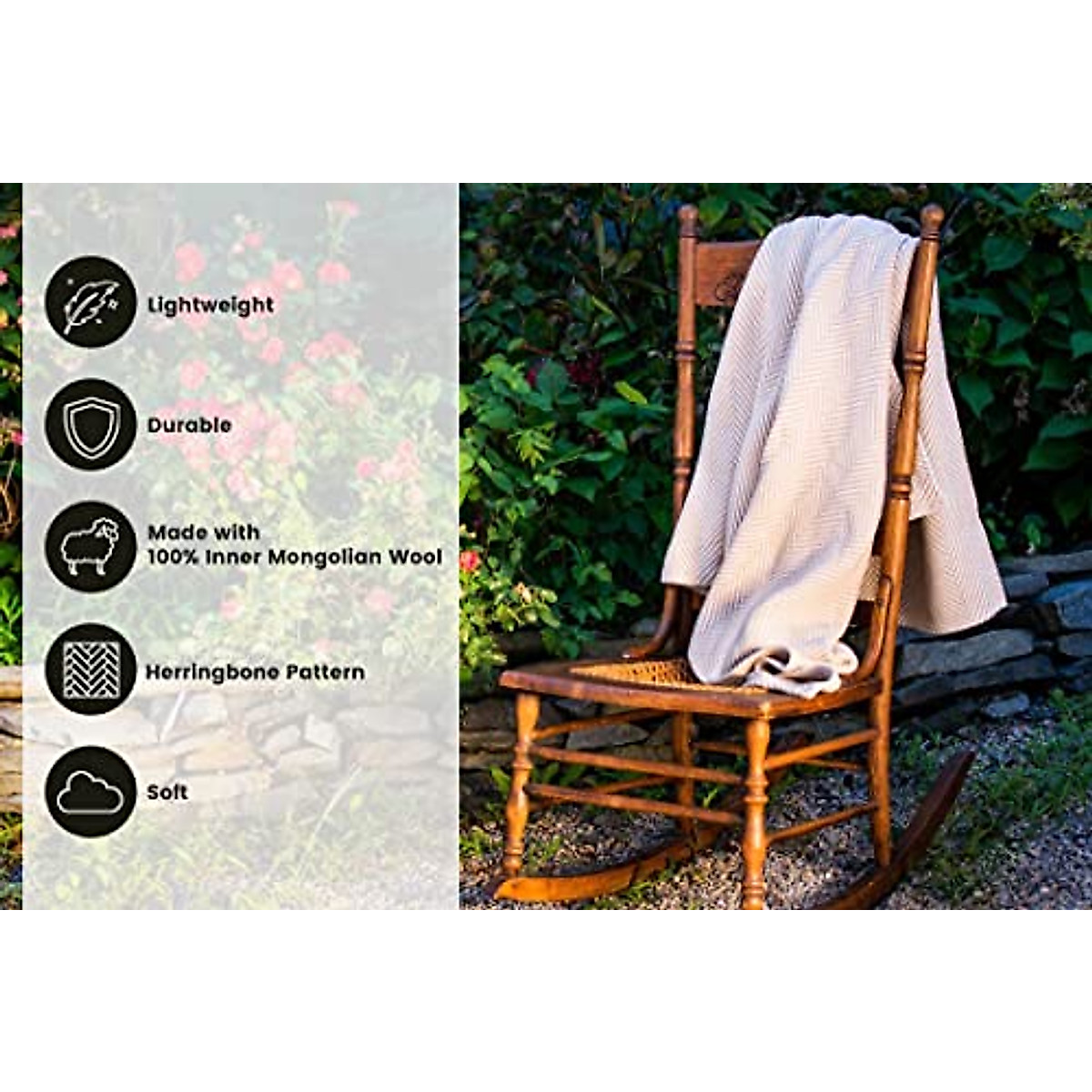 CURATED & COZY 100 Percent Wool Tan and Ivory Soft Herringbone Throw Blanket 53''x69'' (Tan and Ivory), 1HDBKHER003