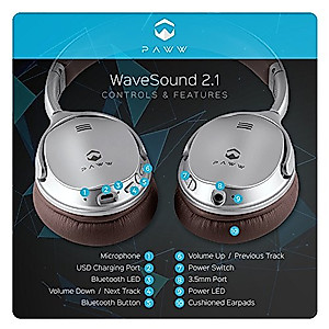 Paww WaveSound 2.1 Wireless Bluetooth Over-The-Ear Foldable Headphones - Headset with Mic, aptX Low Latency (34 ms) / Super-Fast Audio for PC Gaming, TV, Wired Mode / 16-Hour Playtime (Silver/Brown)