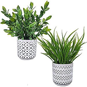 Winlyn Set of 2 Artificial Potted Plants Potted Eucalyptus Plant Artificial Grass in Modern Concrete Plant Pots Outdoor