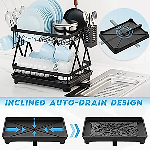 VOGWOLTH Dish Drying Rack, 2 Tier Collapsible Dish Drying Rack with Drainboard for Kitchen Counter Plate Holder Dishes Drainer Dryer Dishrack Dry Stand Folding Countertop Organizer Accessories