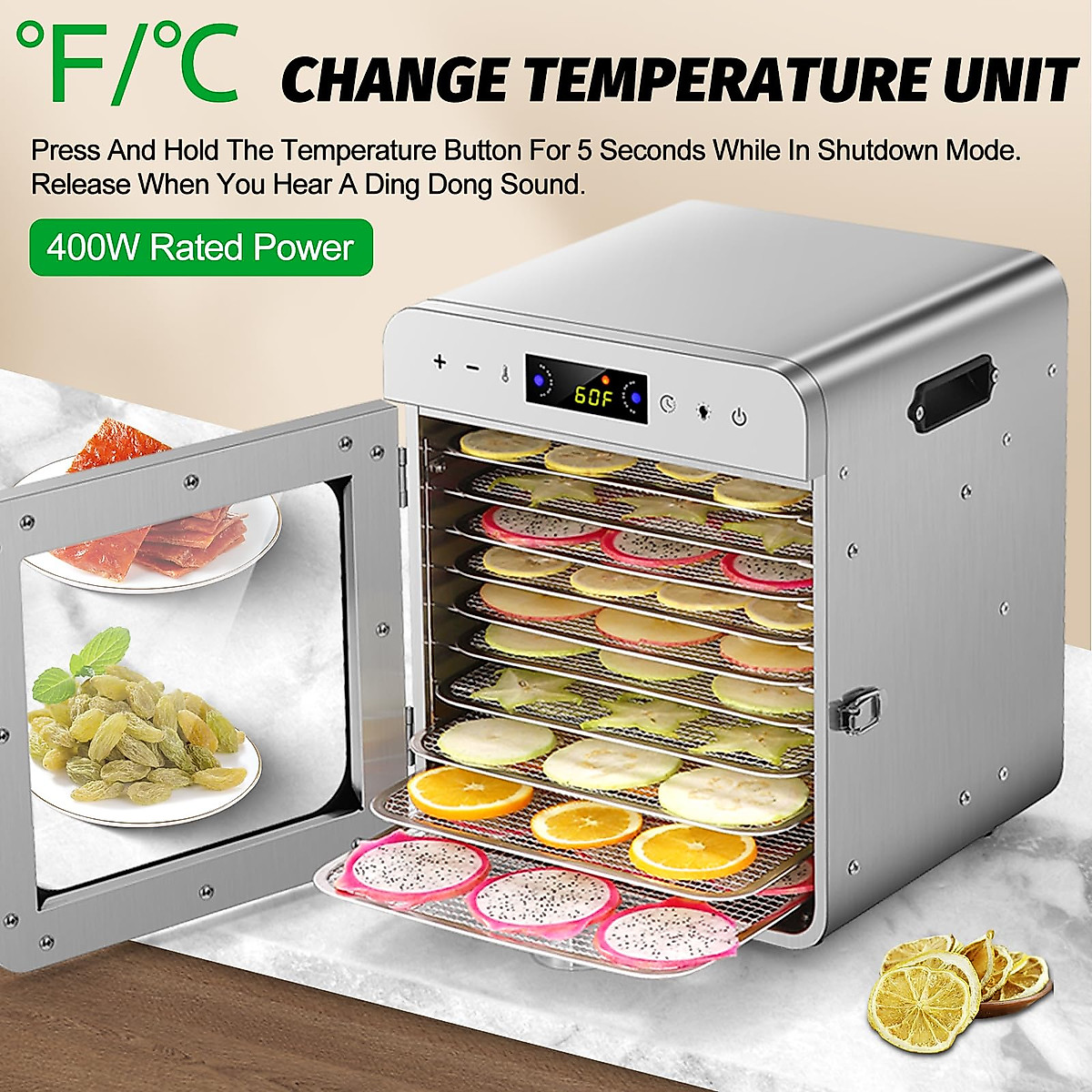 SEASAND Food Dehydrator Machine | 10 Stainless Steel Trays, Ozone Deodorization, Independently Control Temperature And Time, Rear-Mounted Fan, 24 Hours Timer - Max Temperature 194℉