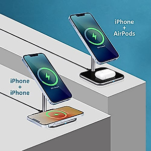 Aluminum 2 in 1 Magnetic Wireless Charger, Neluxfe Fast Charging Station Compatible with MagSafe Stand for iPhone 14, 13, 12, Pro Max and AirPods Pro (Black)