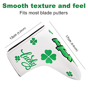 Lucky Green Clover Shamrock Golf Blade Putter Cover Headcover Club Protective Golf Accessories for Men,Soft Synthetic Leather,for Scotty Cameron,Odyssey,Taylormade in White