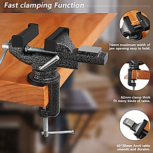 Bench Vise, 𝗚𝗢𝗫𝗔𝗪𝗘𝗘 𝗠𝗶𝗻𝗶 𝗕𝗲𝗻𝗰𝗵 𝗖𝗹𝗮𝗺𝗽 for Workbench, 2.9 inch Swivel Table Vise for Small DIY Projects, Handcraft Creations, Woodworking, Sculpting and Modeling