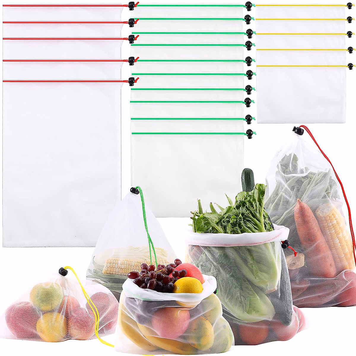 20 Pack Reusable Produce Bags,Mesh Produce Bags Washable,See-Through Vegetables Fruits Bag,Premium Strength Toy Storage Mesh Bags with Drawstring for Fruits Vegetables Fridge Storage Toys,3 Sizes