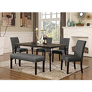 Roundhill Furniture Biony 6-Piece Wood Dining Set with Nailhead Chairs and Bench, Grey