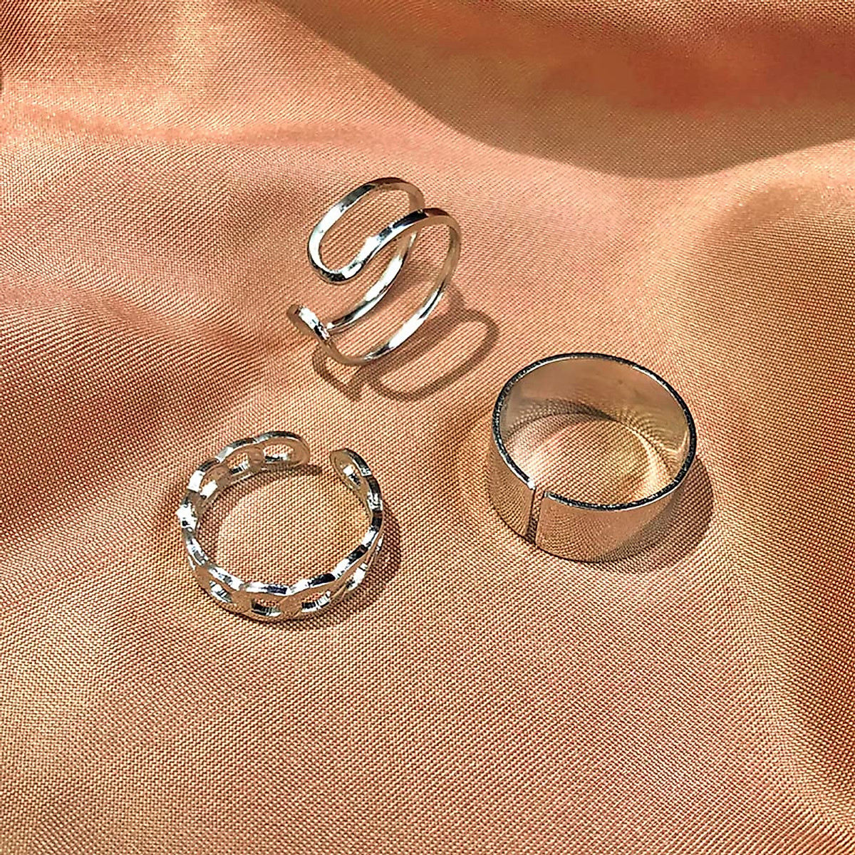 HUJUON 10-17Pcs Gothic Punk Rings Set,Vintage Chain Finger Rings Adjustable Alloy Biker Obsidian Chain Open Rings Knuckle Stackable Midi Ring Joint for Women (10pcs)