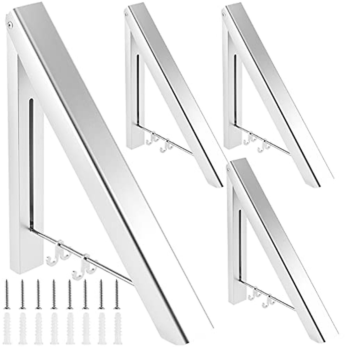 SEUNMUK 4 Pack Clothes Drying Rack, Wall Retractable Clothes Rack Laundry Room Drying Rack Hanger Foldable, Aluminum Folding Clothes Hanger for Laundry Room, Home, Bedroom, Silver