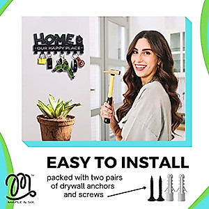 Decorative Key Holder for Wall | Maple & Six - Wall Mounted Key Holder with 8 Hooks |Keyring Organizer| Black | 12 x 4.5 x 1 Inches (Home- Our Happy Place)