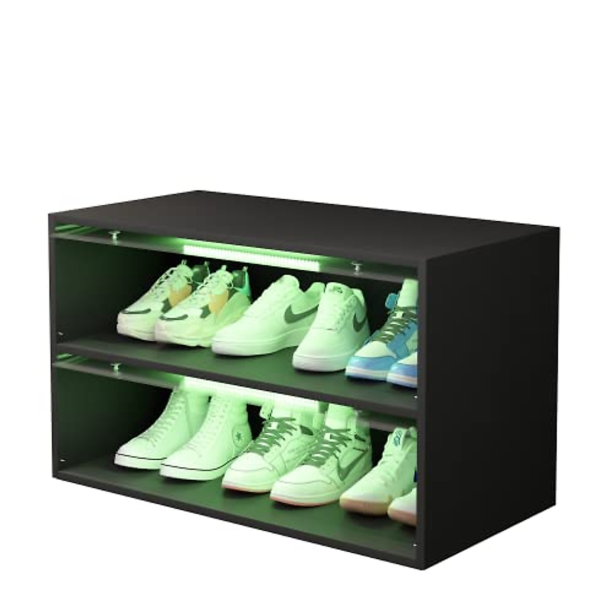 FUQIAOTEC Black Shoe Rack with 10 Colours LED Lights, Shoe Storage Cabinet for Up to 6 Pairs of Shoes, Wood Shoe Shelf with Sliding Glass Doors, Premium Shoe Box