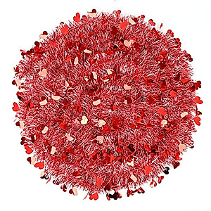 KIMOBER 33 Ft Valentine's Day Tinsel Garland,Red White Heart Metallic Hanging Garland for Party Decoration Supply