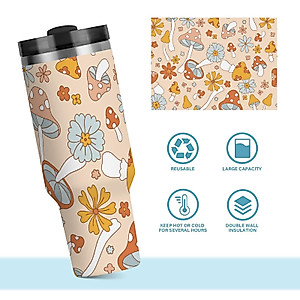 Yasala Car Tumbler with Handle Wild Mushroom Spring Flower Travel Mug Coffee Cup Insulated Beverage Container Mega Cup for Hot Cold Drinking Thermos Water Bottle Cupholder Friendly 40 oz