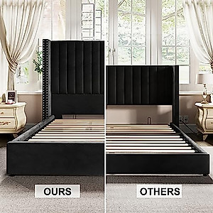 Jocisland King Bed Frame Lift Up Storage Bed, Velvet King Upholstered Bed Frame/Channel Tufted Wingback Headborad/No Box Spring Needed/Black