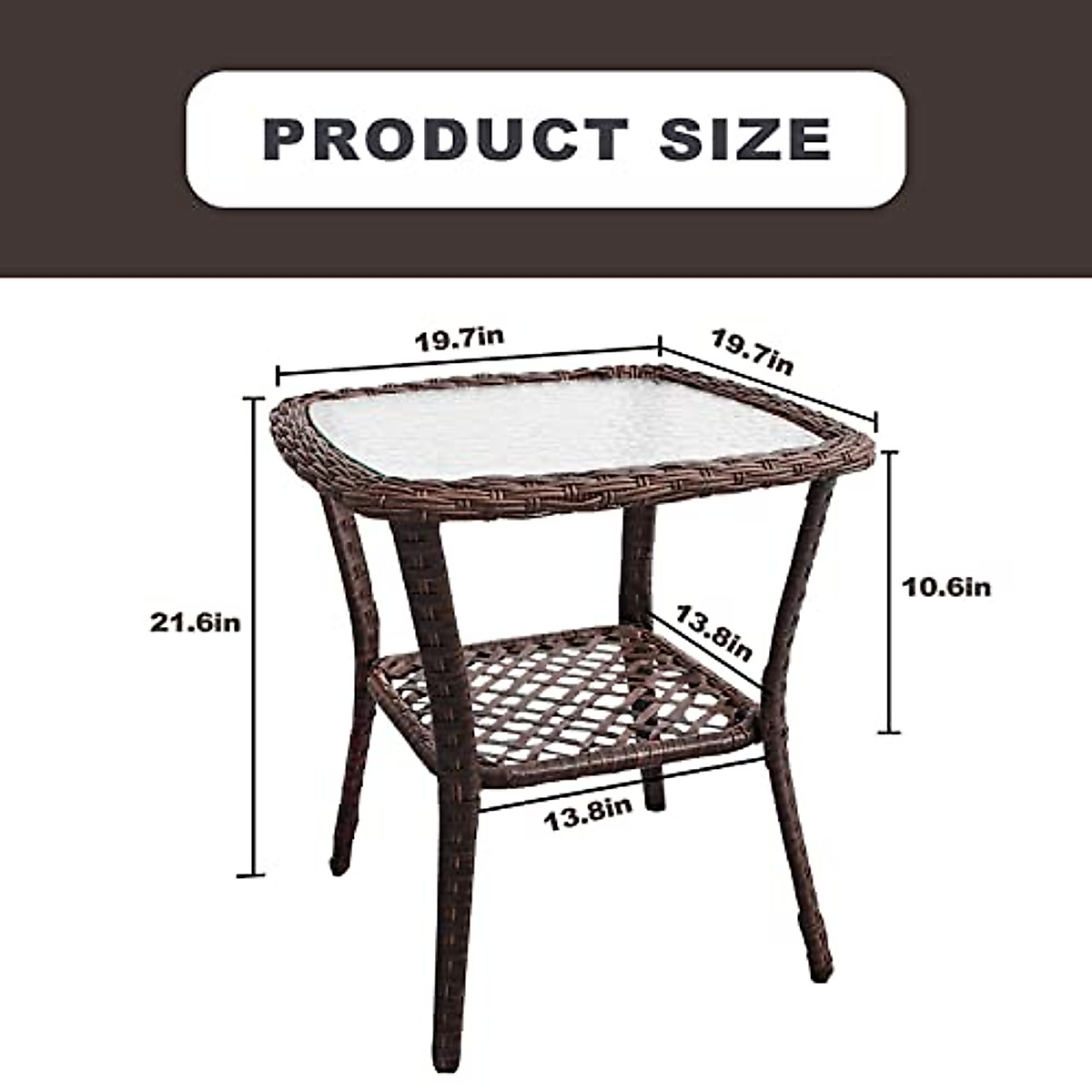 DIMAR GARDEN Outdoor Side Table Wicker Patio Coffee Table with Glass Top and Storage Shelf,Mixed Brown