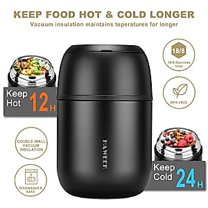 HAWEEK Insulated Food Container 17 oz Soup Thermo for Hot Food Kids Adults, Stainless Steel Vacuum Lunch Box with Folding Spoon, Adult Kids Thermo Portable with Handle for School, Office, Outdoor