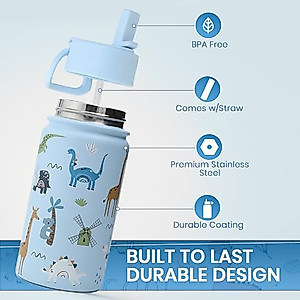 Lexlion Water Bottle 14 Oz, Triple Walled Insulated Stainless Steel Odor & Strain Resistant Reusable Bottle, 1 straw Lid, Leakproof, Metal Mug Gallon, BPA Free, Blue Zoo