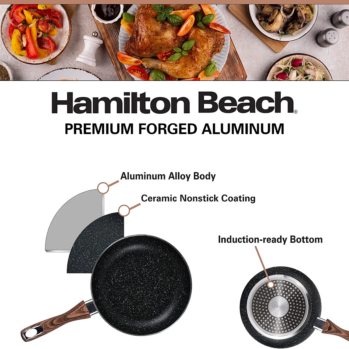 Hamilton Beach Fry Pan 10-Inch, Nonstick with Marble Coating, Wood like Soft Touch Handle, Non-Stick Granite Fry Pan Egg Pan Omelet Pans, Stone Cookware Chef's Pan, PFOA Free Induction Bottom