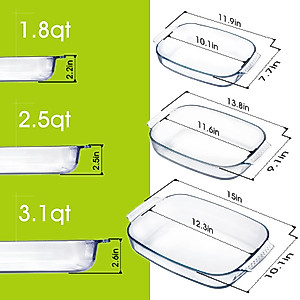 2 QT+2.7 QT+3.3 QT Large Glass Baking Dish Set, Easy Grab Oven Safe Glass Pan for Cooking