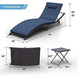 ALAULM Pool Lounge Chairs Outdoor Adjustable Chaise Lounge Chairs w/Sponge Cushion,2 Foldable & Portable Chairs and 1 Table for Poolside Patio Courtyard Seaside,Dark Blue